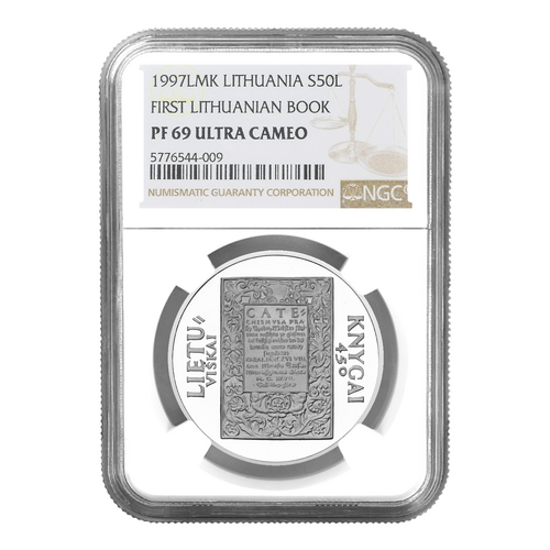 1997 450th Anniversary of the First Lithuanian Book 50 Litas Silver Coin PF 69 ULTRA CAMEO ...