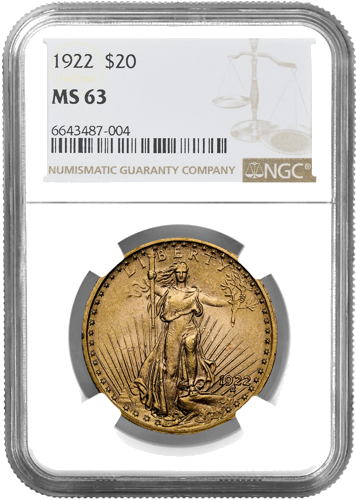 $20 Saint Gaudens/Double Eagle US Gold Coin MS 63 1922 (NGC Certified)! - Florinus.lv
